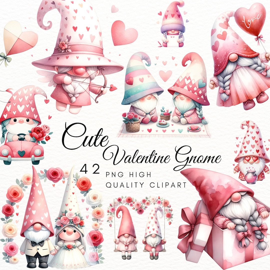 Watercolor Valentine Gnomes Clipart: 42 PNG Images (digital Download ...