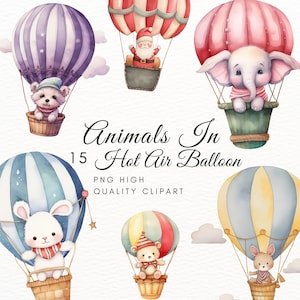 Watercolor Animals in Hot Air Balloon Clipart: Nursery PNG (15 Images ...