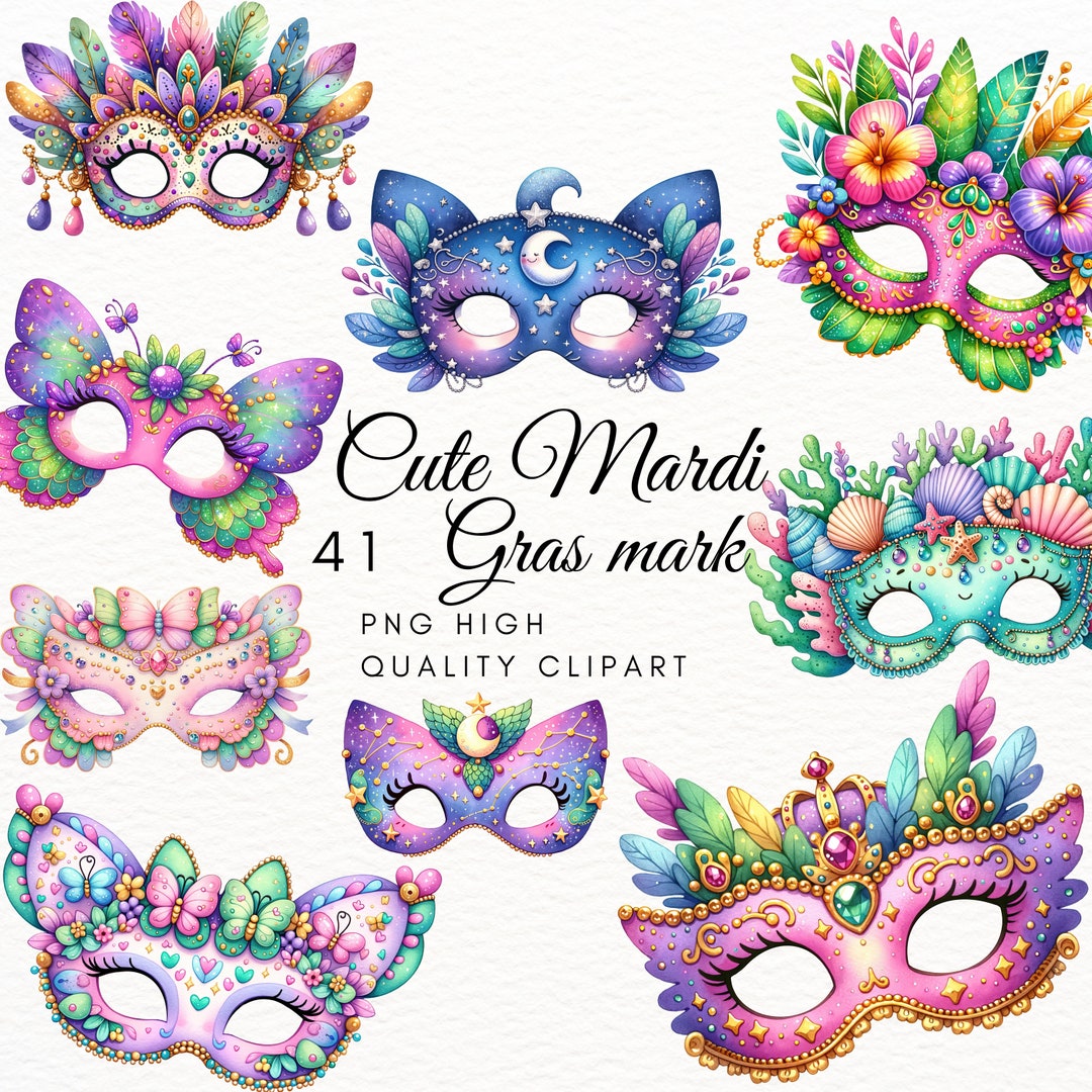 Watercolor Mardi Gras Mask Clipart: Carnival PNG Bundle (digital ...