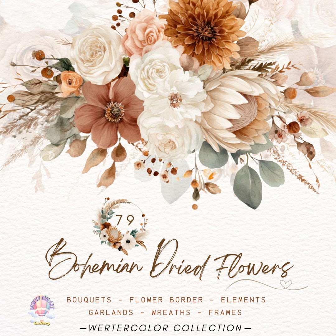 Boho Dried Flowers Clipart,autumn Flowers Clipart,dried Wild Flowers ...