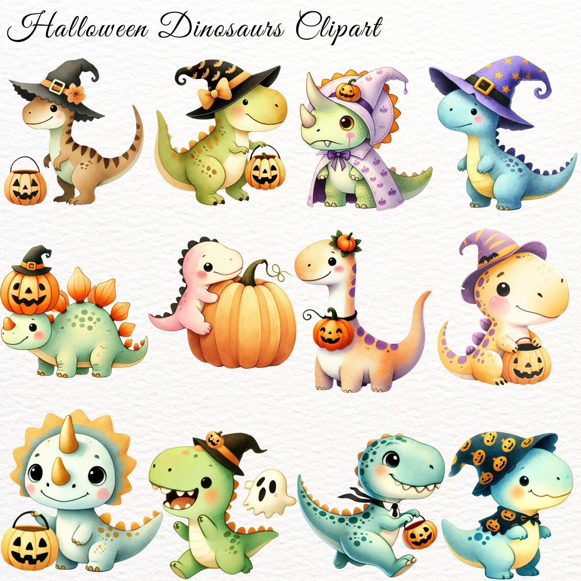 Watercolor Dinosaur Clipart,halloween Dinosaurs Clipart,spooky Dinos ...
