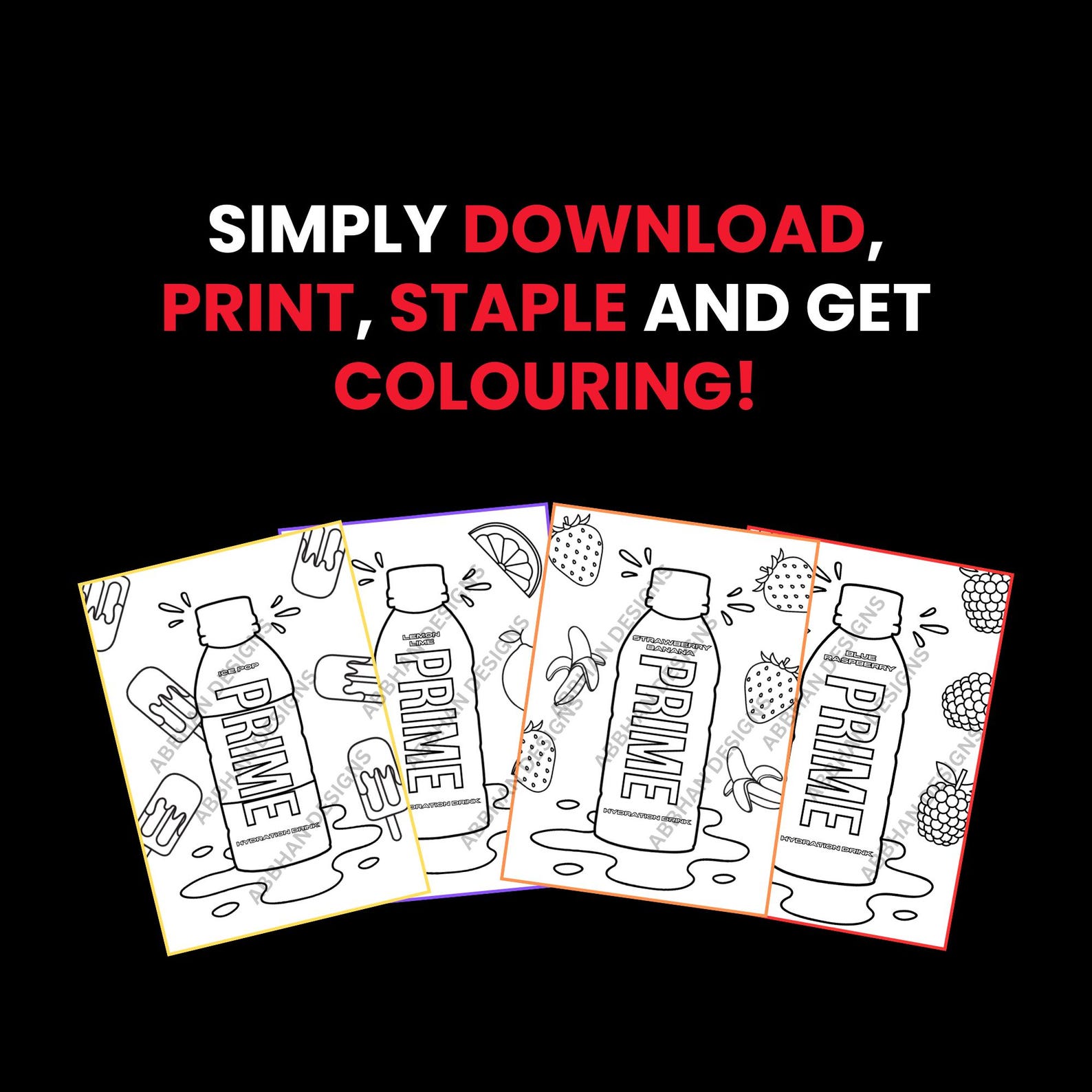Original Prime Hydration Colouring Pages, 8 Designs, KSI, Logan Paul ...