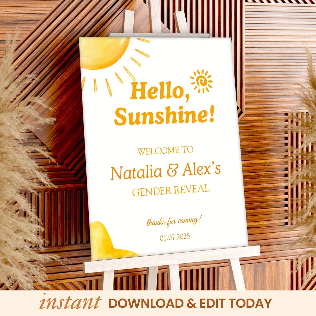 Sun Gender Reveal Welcome Sign, Editable Here Comes the Sun Little Ray ...