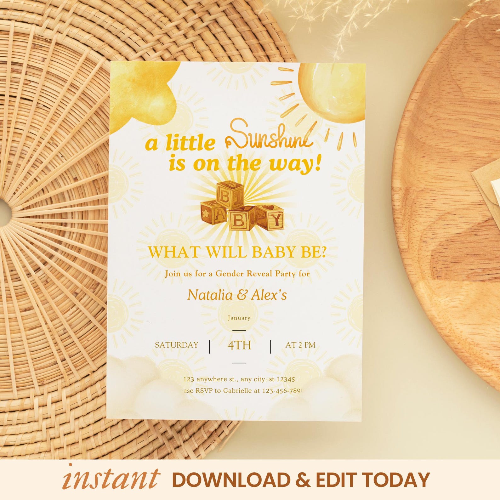 Sun Gender Reveal Party Invitation, Editable Here Comes the Sun Little ...
