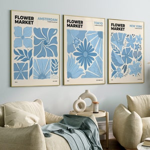 Blue Flower Market Set of 3, Blue Gallery Wall Set of 3 Piece Wall Art ...