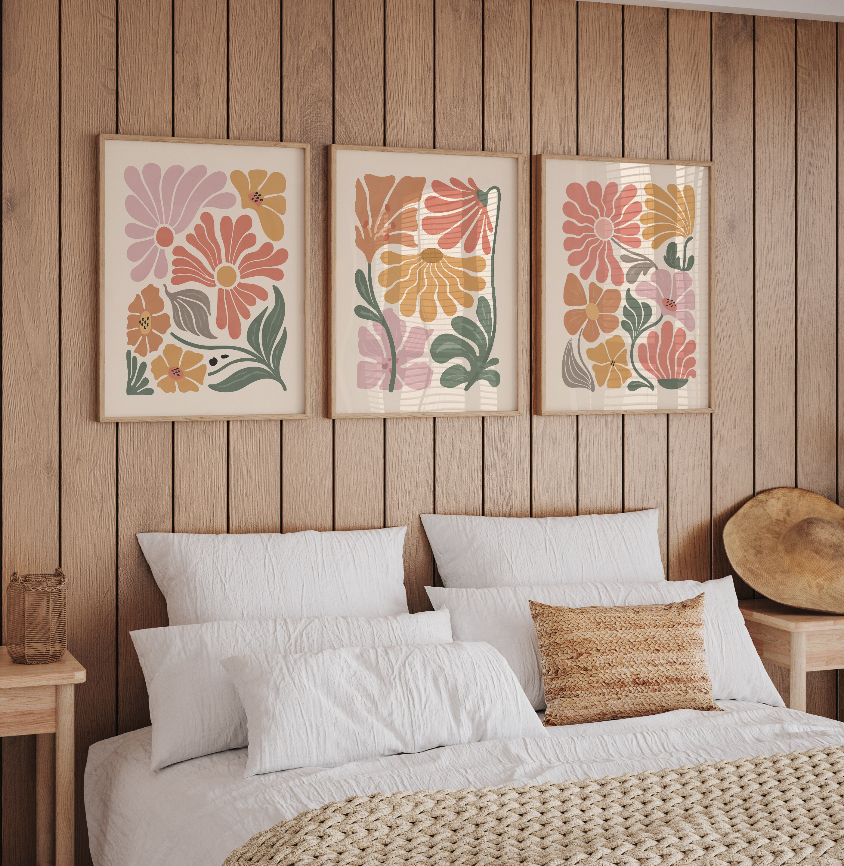 Boho Abstract Flowers Print Set of 3, Terracotta Prints, Floral Wall ...