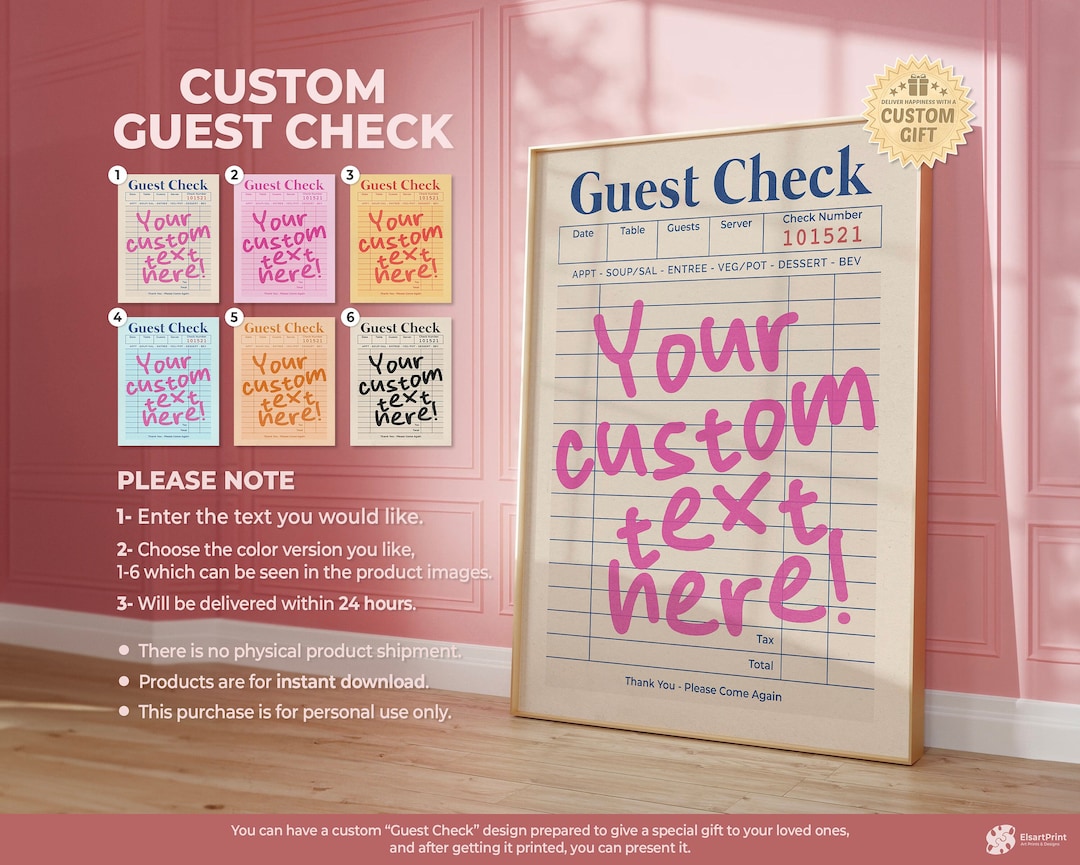Custom Guest Check Art Print, Custom Gift Wall Art, Guest Check Print ...