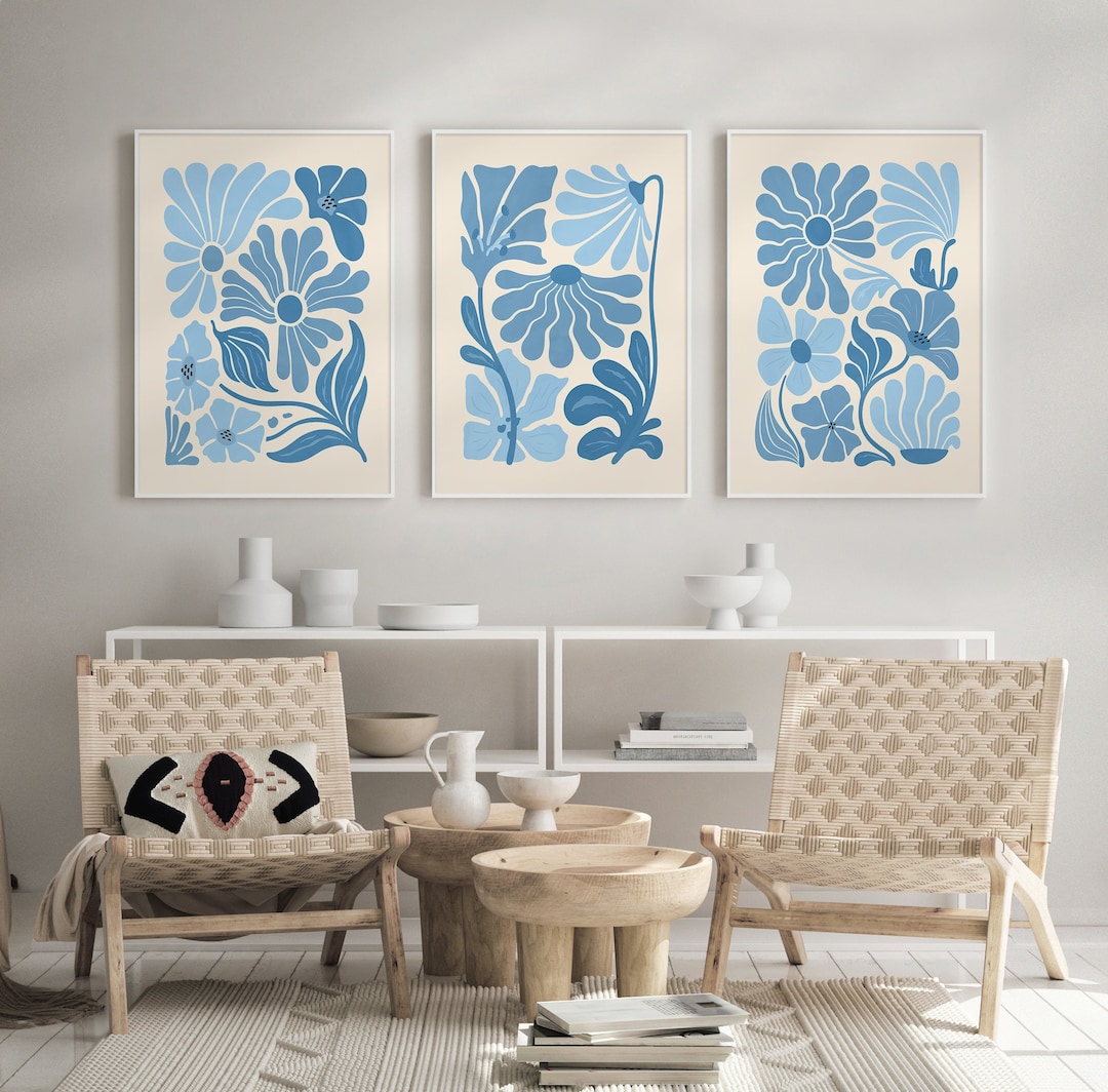 Blue Flower Market Set of 3 Prints, Blue Wall Decor, Flower Market ...