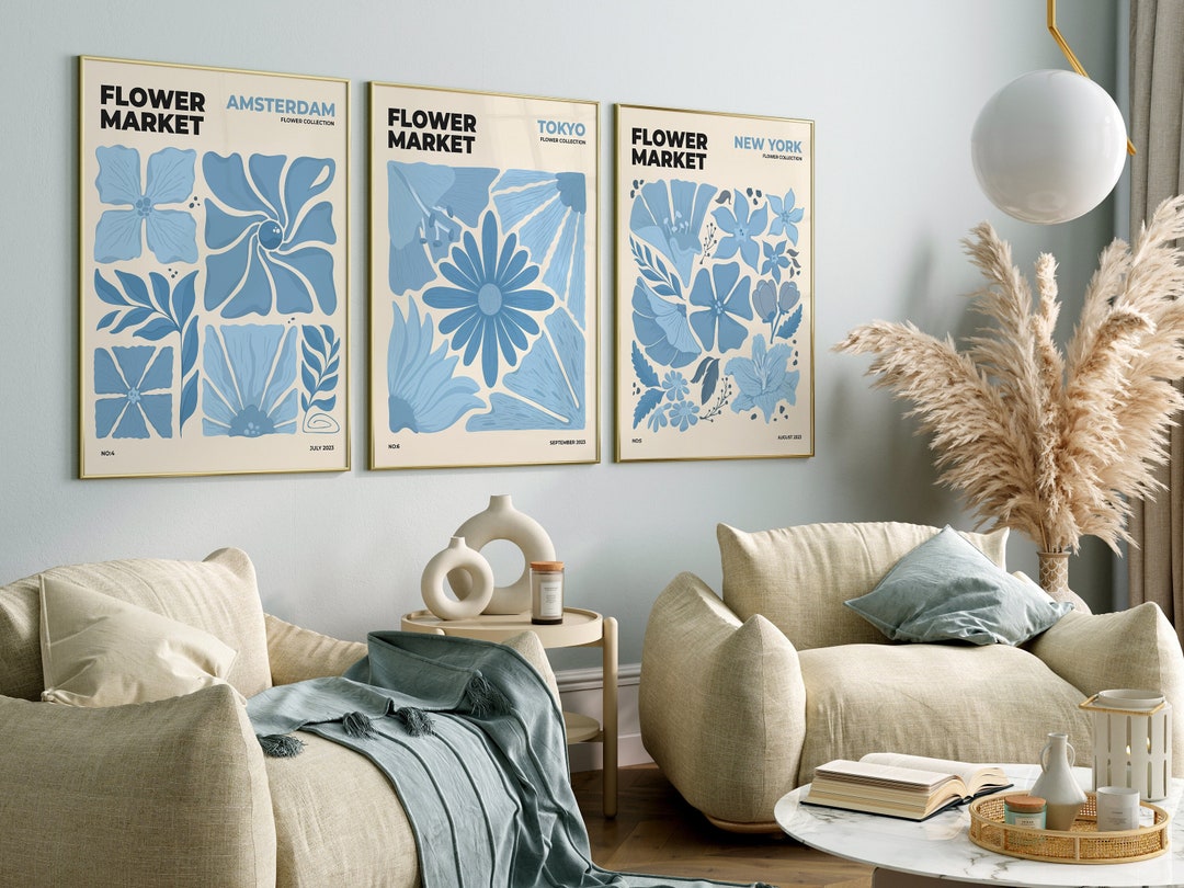 Blue Flower Market Set of 3, Blue Gallery Wall Set of 3 Piece Wall Art ...