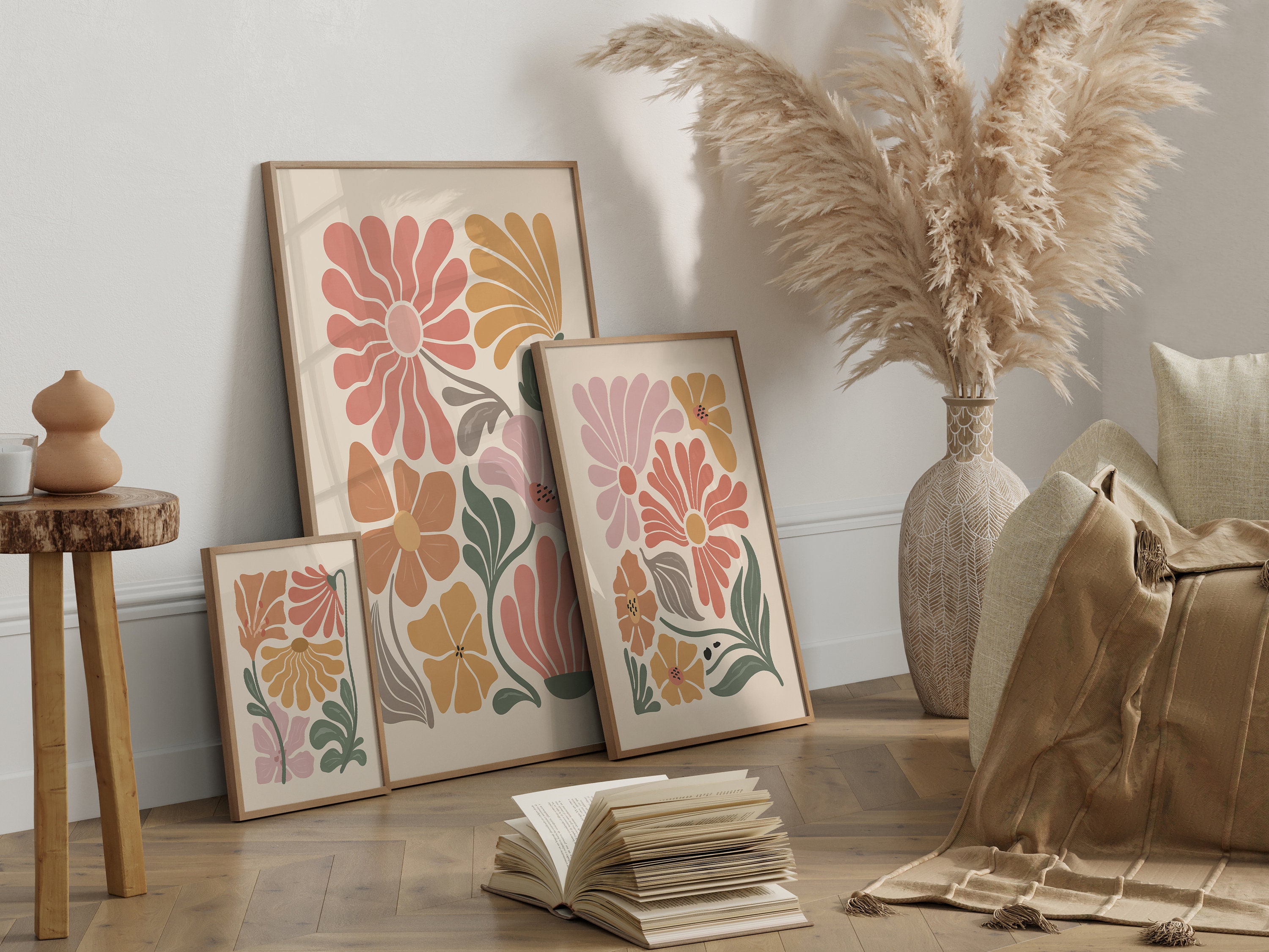 Boho Abstract Flowers Print Set of 3, Terracotta Prints, Floral Wall ...