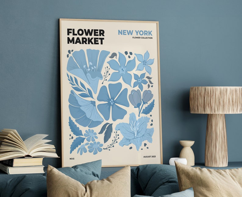 Blue Flower Market Set of 3, Blue Gallery Wall Set of 3 Piece Wall Art ...