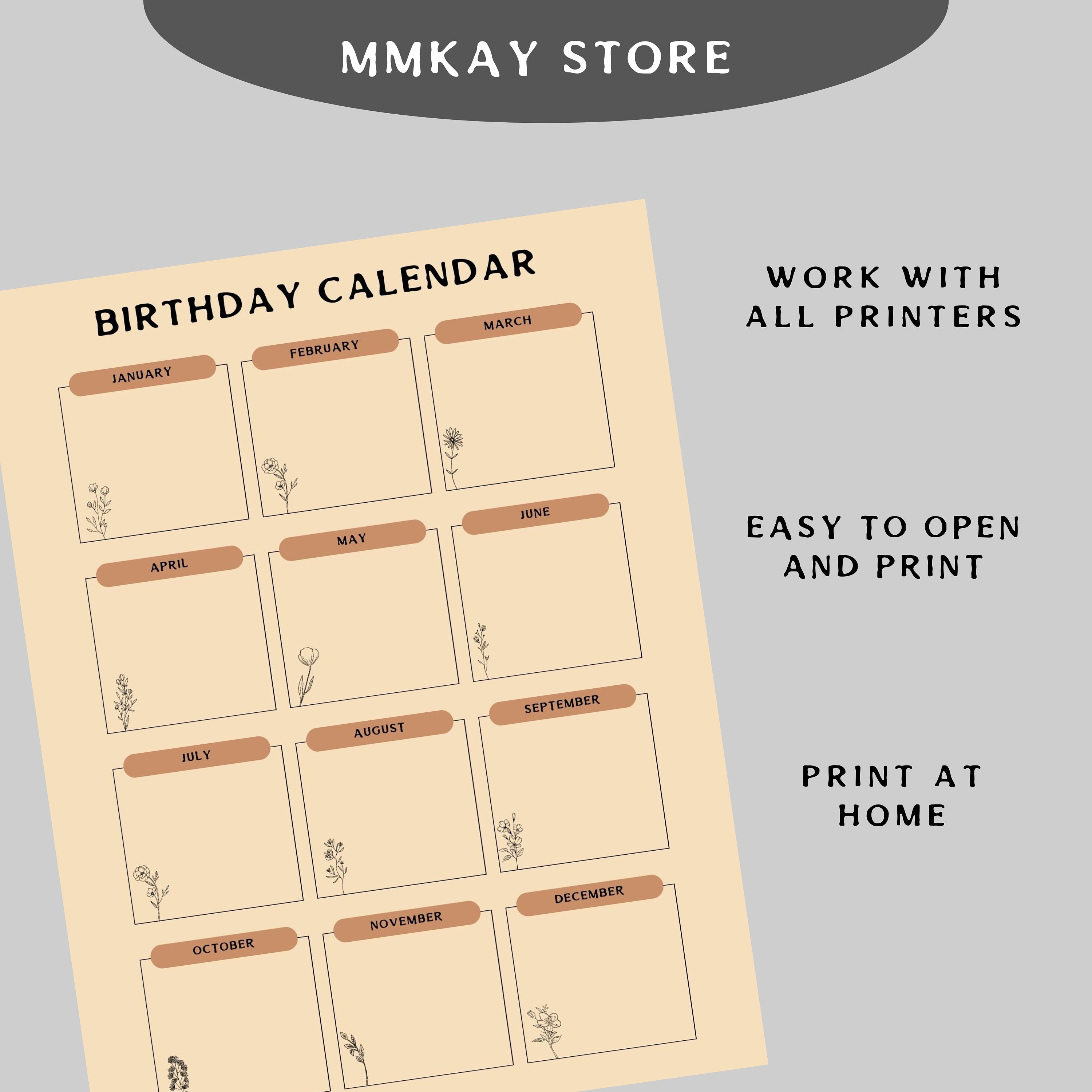 Boho Birthday Calendar Printable, 3 Stylish PDF Designs, Perpetual Date ...