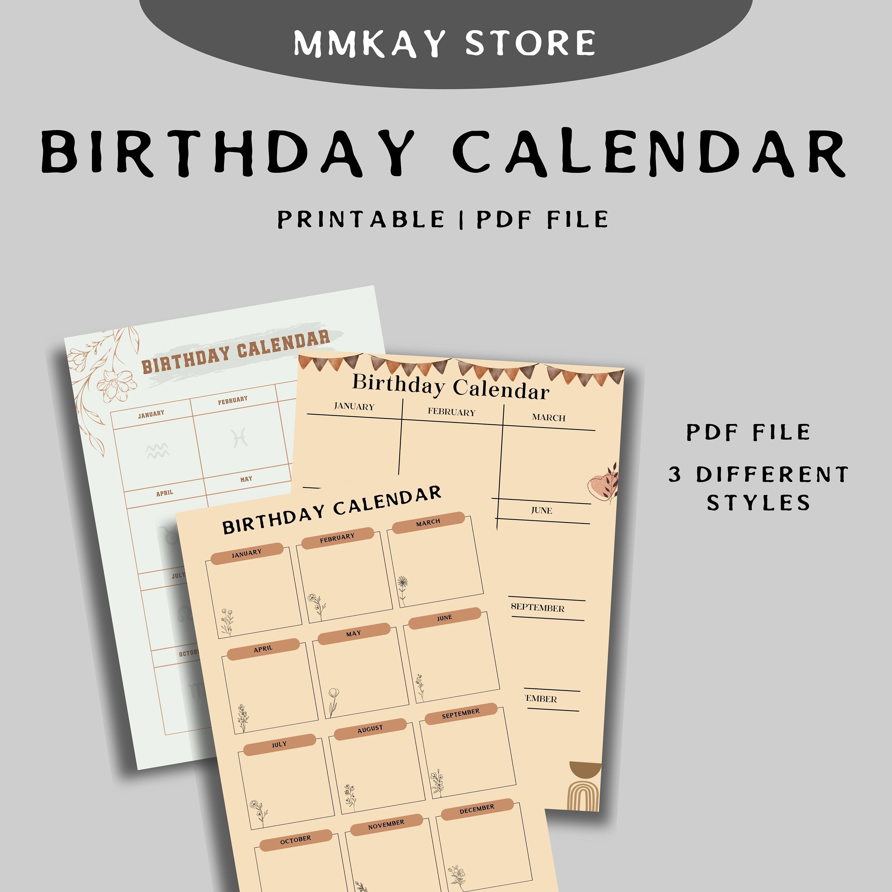 Boho Birthday Calendar Printable, 3 Stylish PDF Designs, Perpetual Date ...