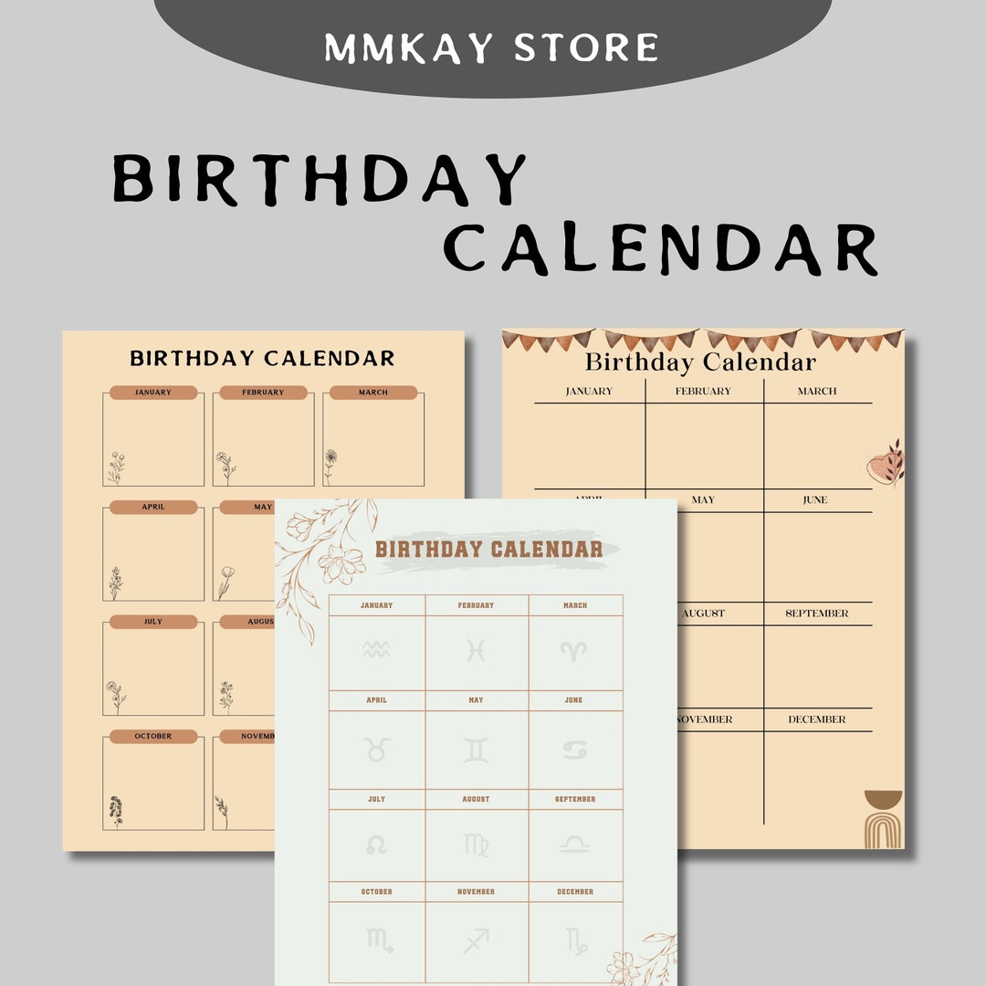 Boho Birthday Calendar Printable, 3 Stylish PDF Designs, Perpetual Date ...