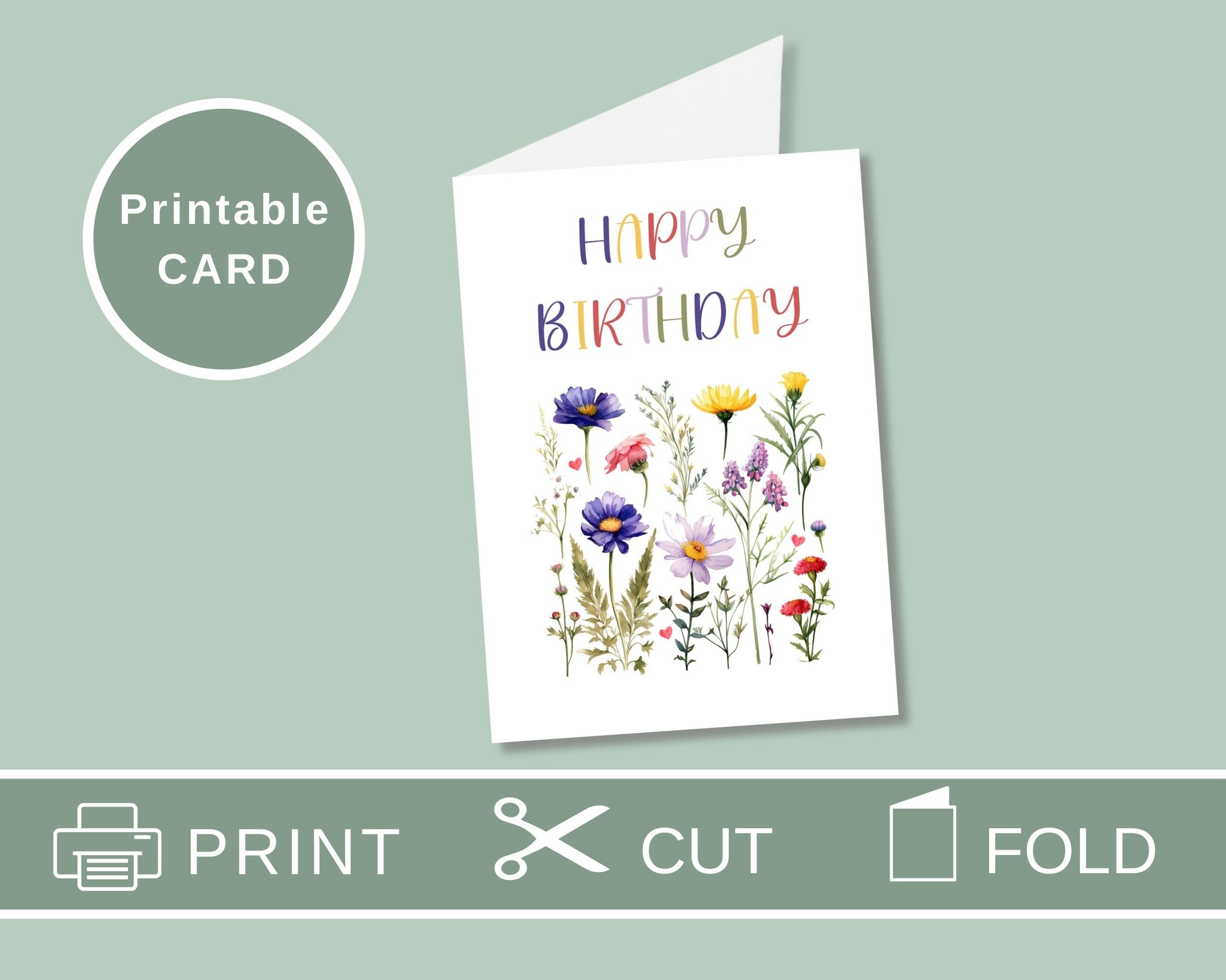 Happy Birthday Floral Card Printable, Instant Download, Vibrant Digital ...
