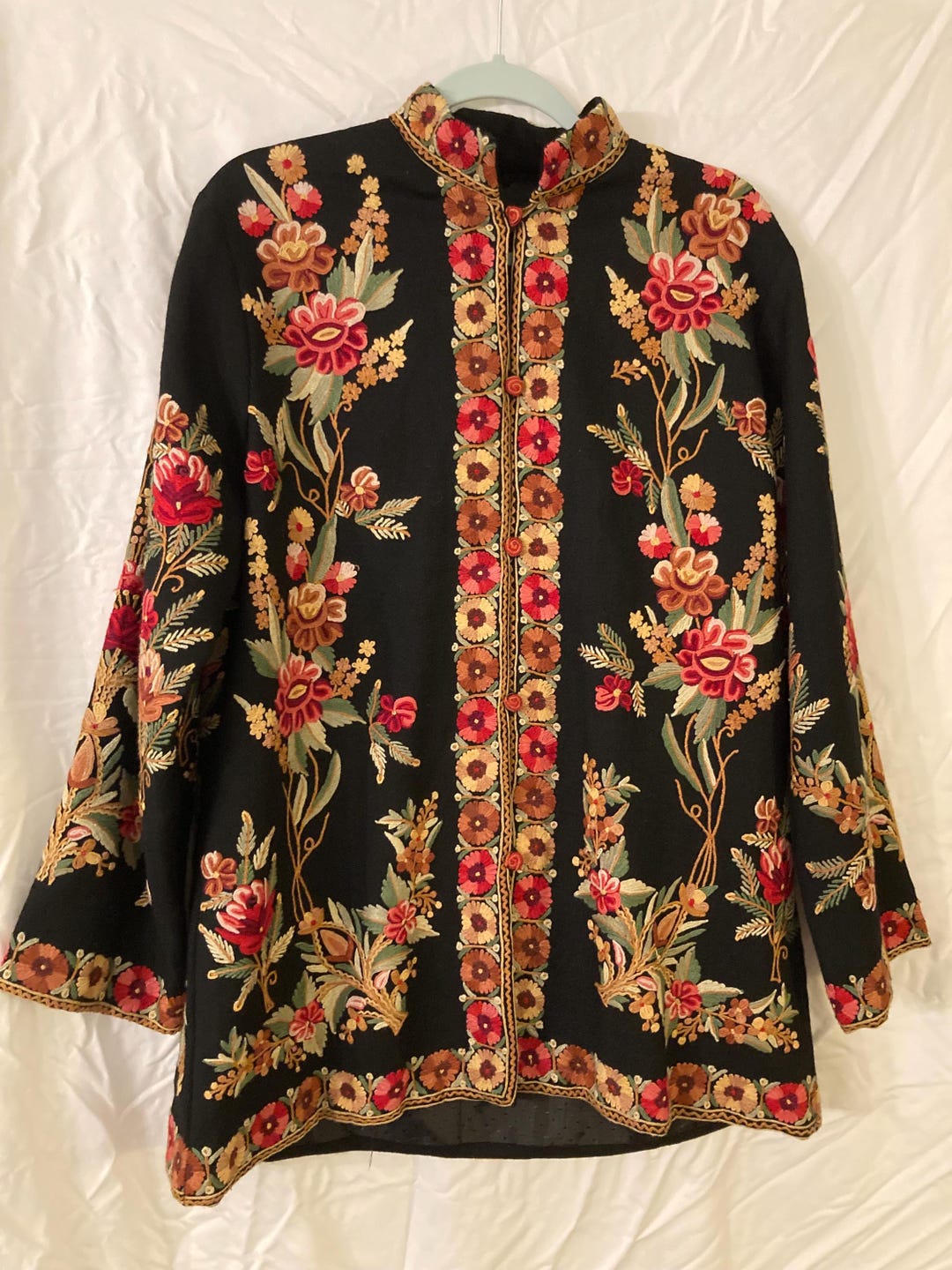 Black and Floral Hand Embroidered Coat Wool Lined Kashmir Brand ...