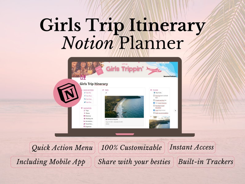Travel Itinerary Template | Notion Life Planner | Girls Trip Itinerary ...