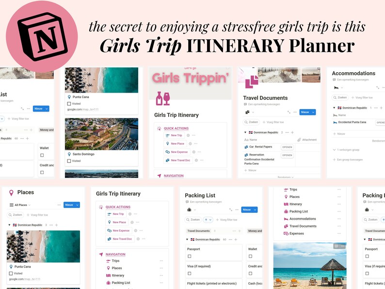 Travel Itinerary Template | Notion Life Planner | Girls Trip Itinerary ...