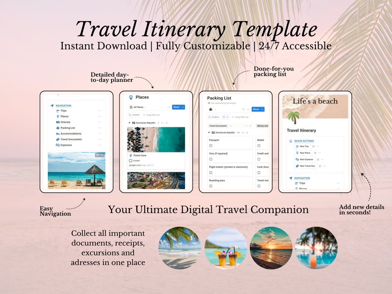 Travel Itinerary Template | Notion Life Planner | Girls Trip Itinerary ...