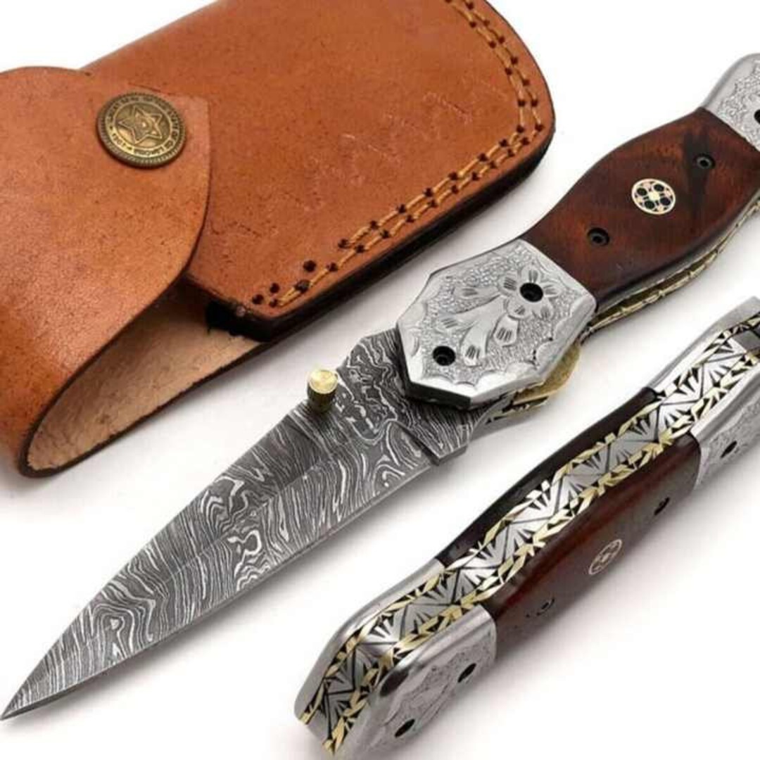 Custom Handmade Folding Knife Outdoor Hunting Pocket Knife With Leather ...