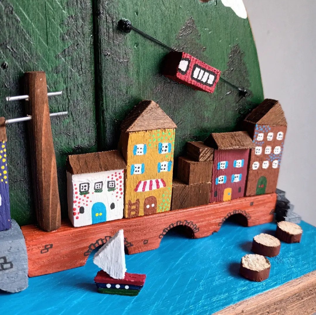 Key Holder With Mountain Village on Lake, Handmade Wooden Furniture ...