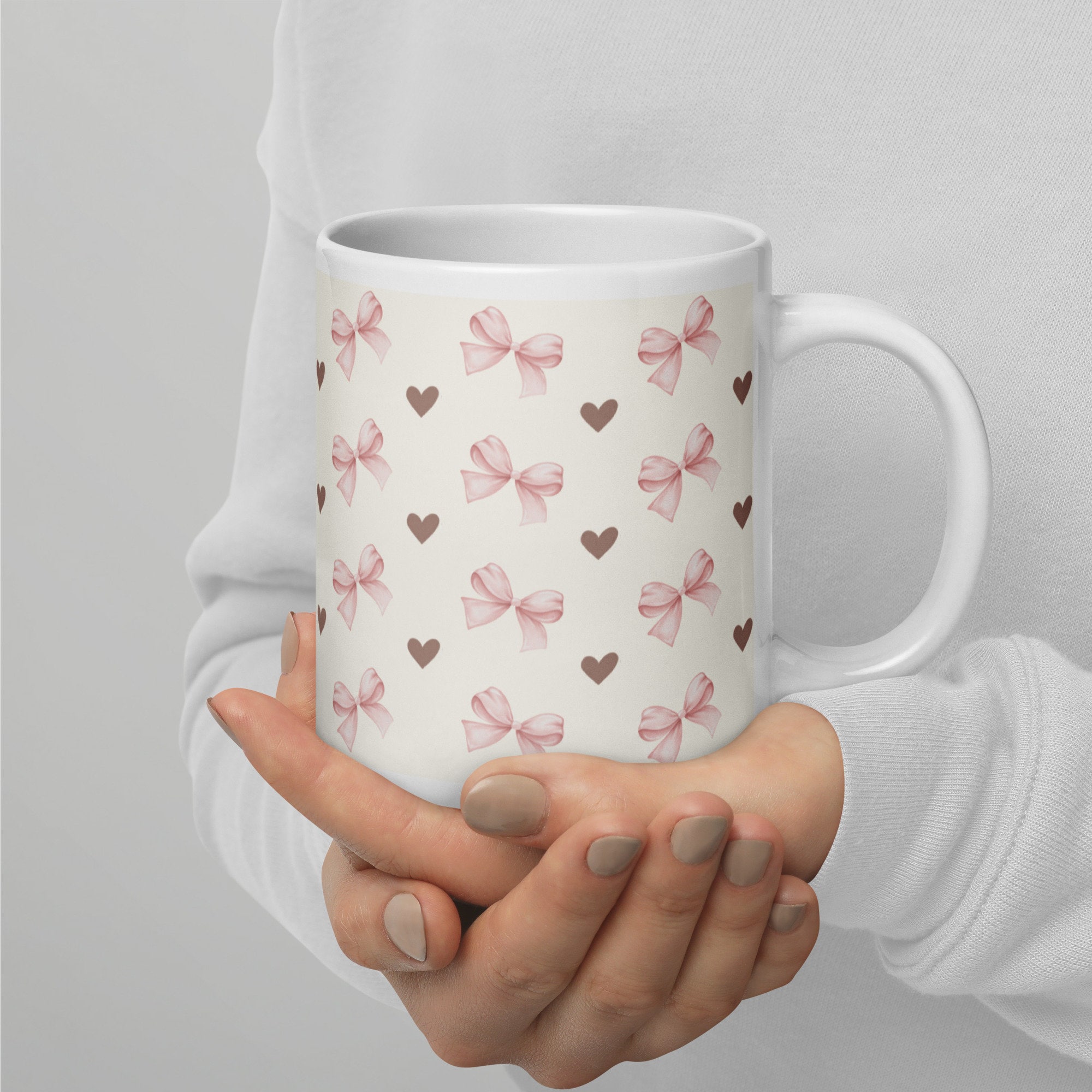 Coquette Bow White Ceramic Mug Chic Drinkware Girly Pink and White ...