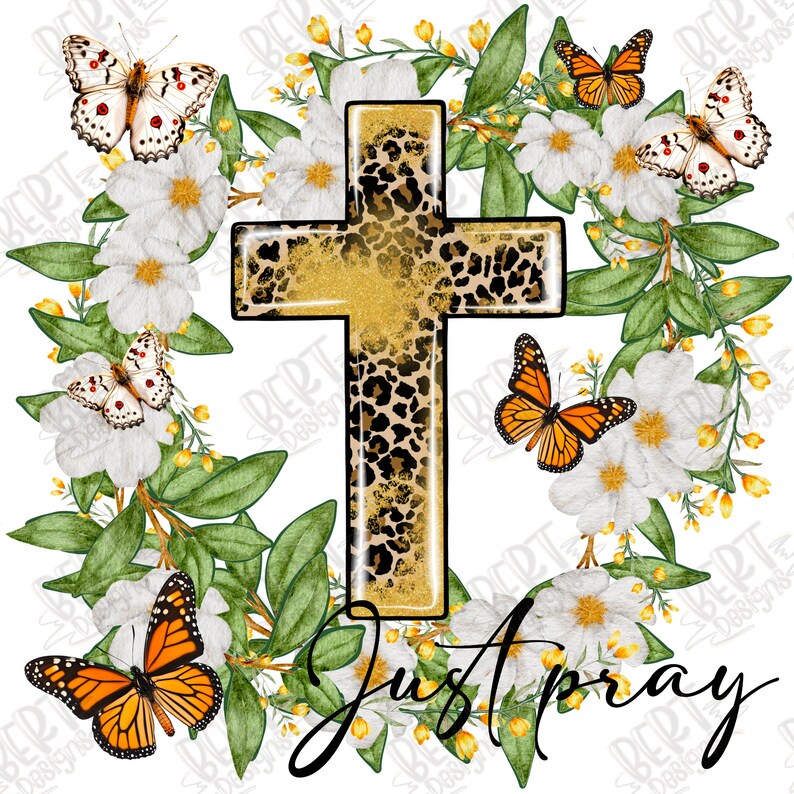 Just Pray Png Sublimation Leopard Gold Glitter Cross Clipart Png Floral ...