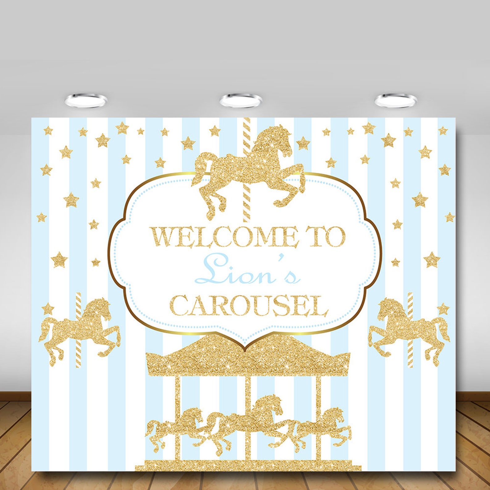 Printable Blue and Gold Carousel Birthday Backdrop, First Birthday ...
