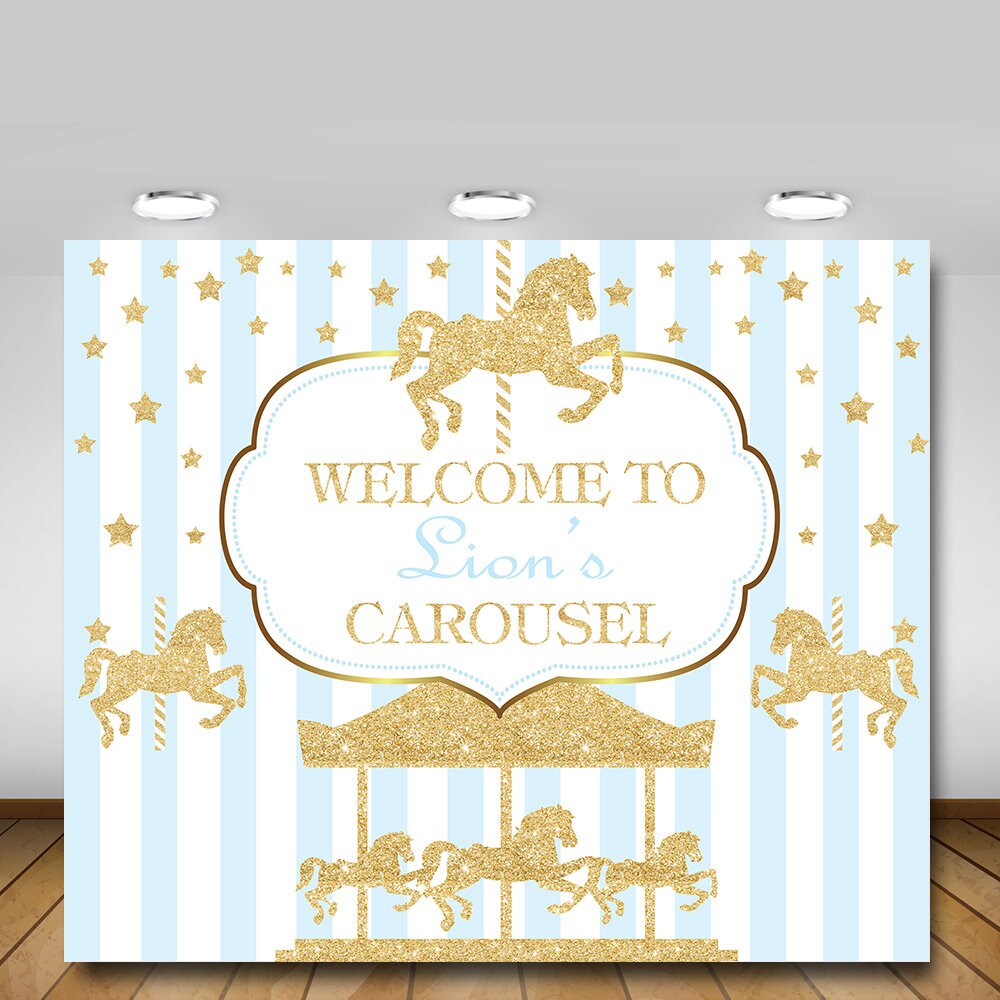 Printable Blue and Gold Carousel Birthday Backdrop, First Birthday ...