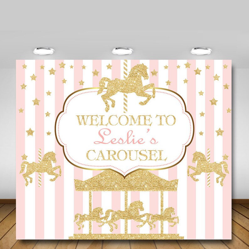 Printable Pink and Gold Carousel Birthday Backdrop, First Birthday ...