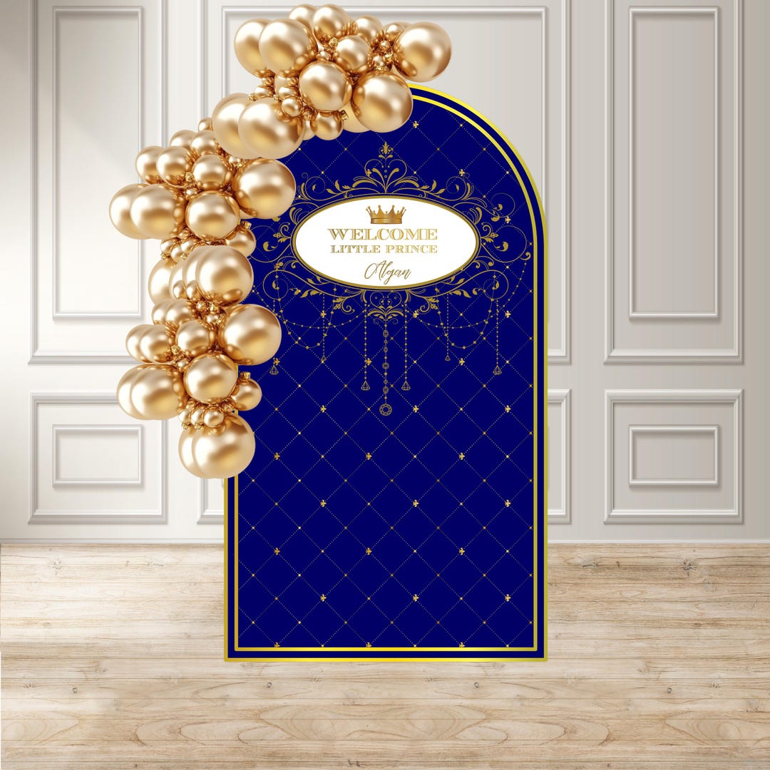 Royal Prince Baby Shower Backdrop | Blue & Gold Arch (canva Template ...