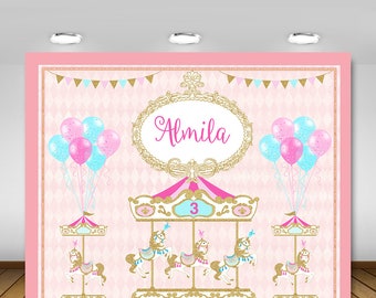 Printable Blue and Gold Carousel Birthday Backdrop, First Birthday ...