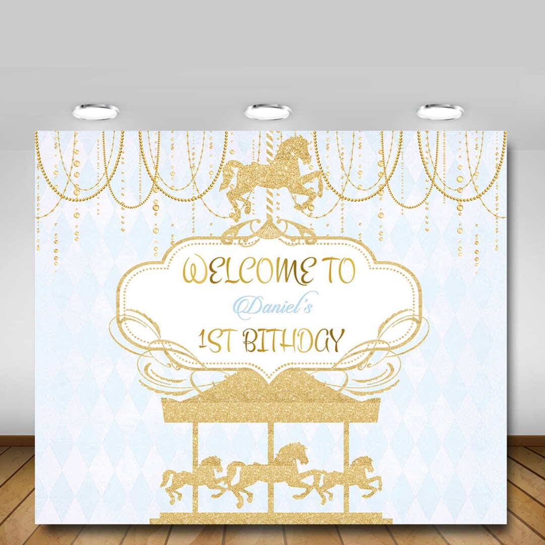 Printable Blue and Gold Carousel Birthday Backdrop, First Birthday ...
