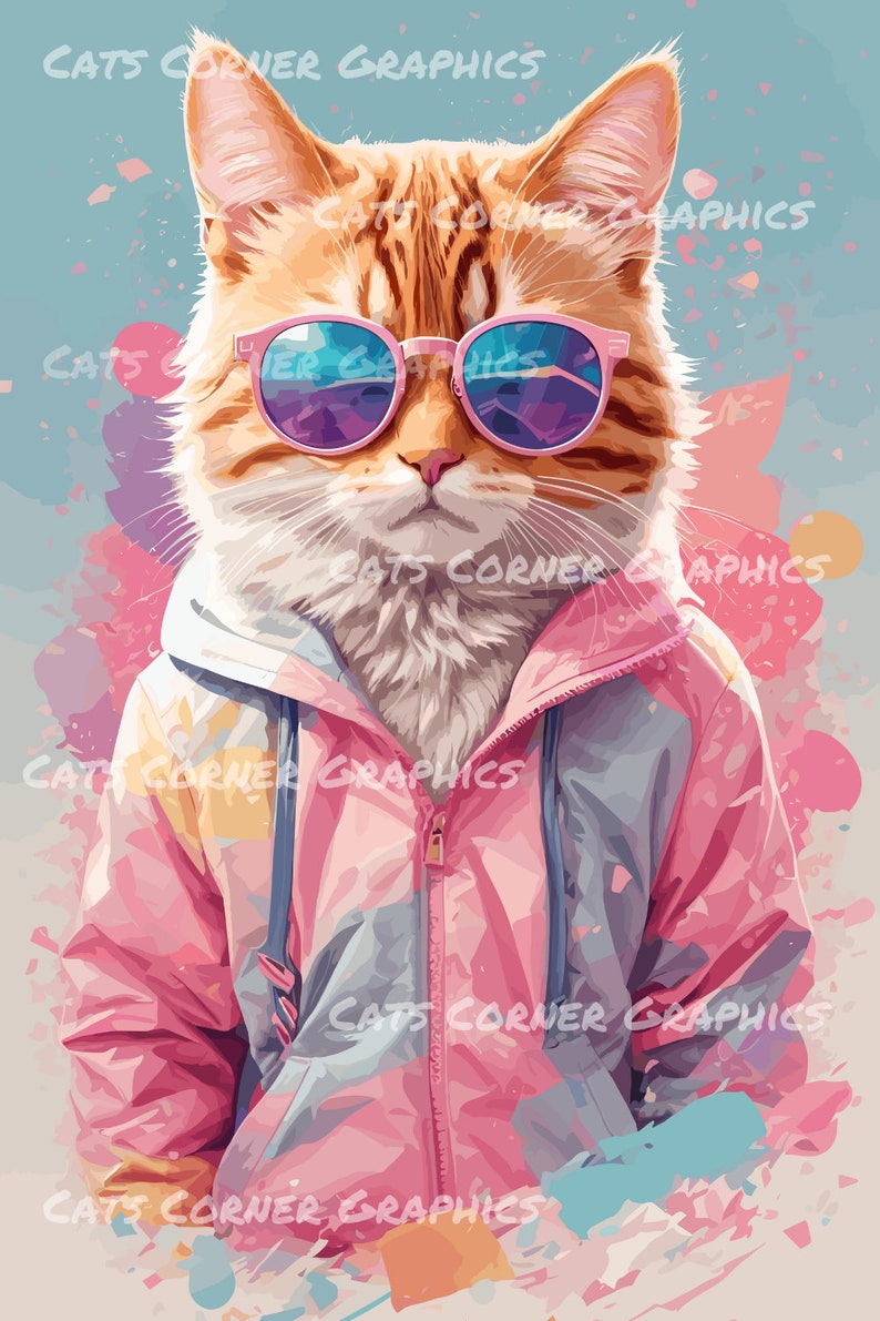 5 Cool Cat Portraits Digital Download Cat Wall Art Card Making ...