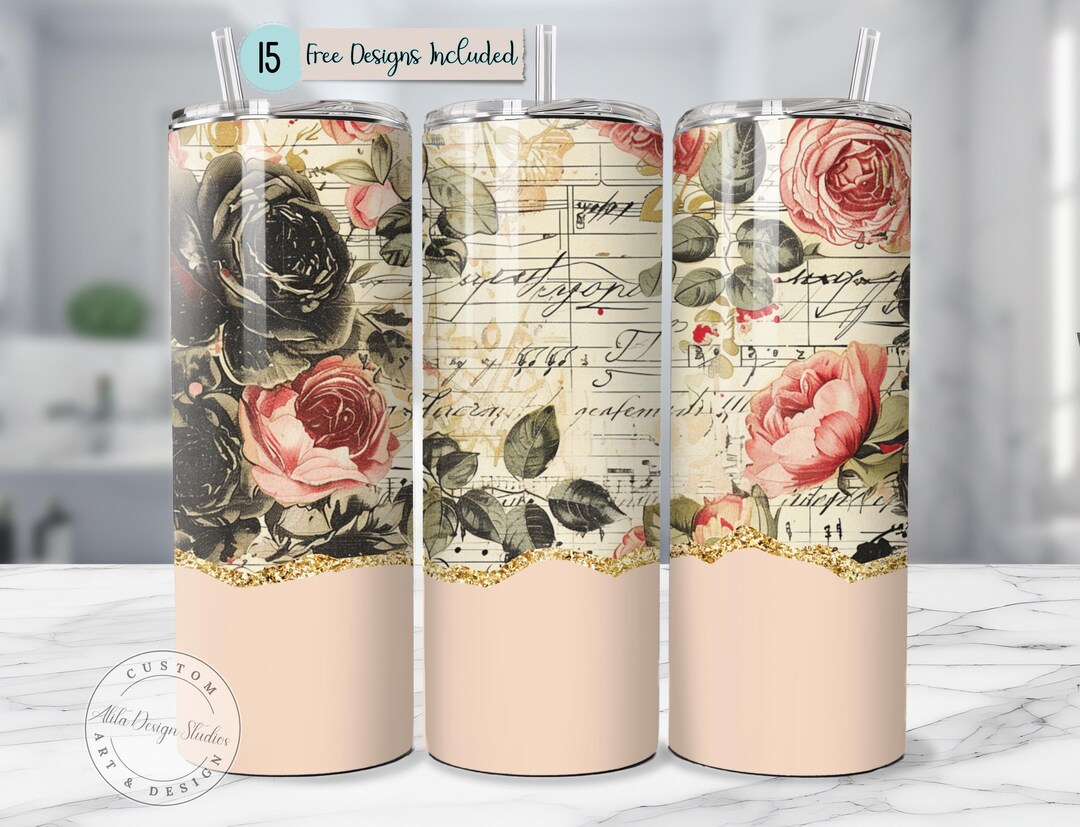 Vintage Rose Tumbler Wrap PNG Floral Music Sheet Collage Elegant Shabby ...