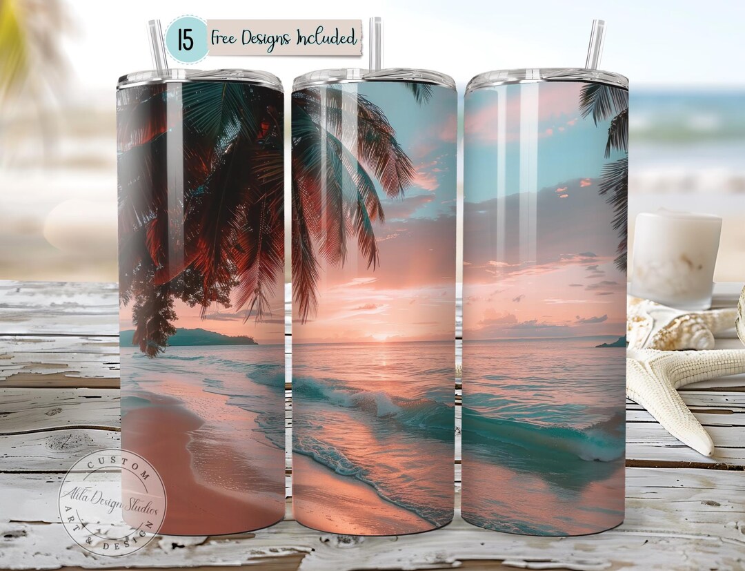 Tropical Vacation Tumbler Wrap Design Sunset Sublimation Design Pink ...