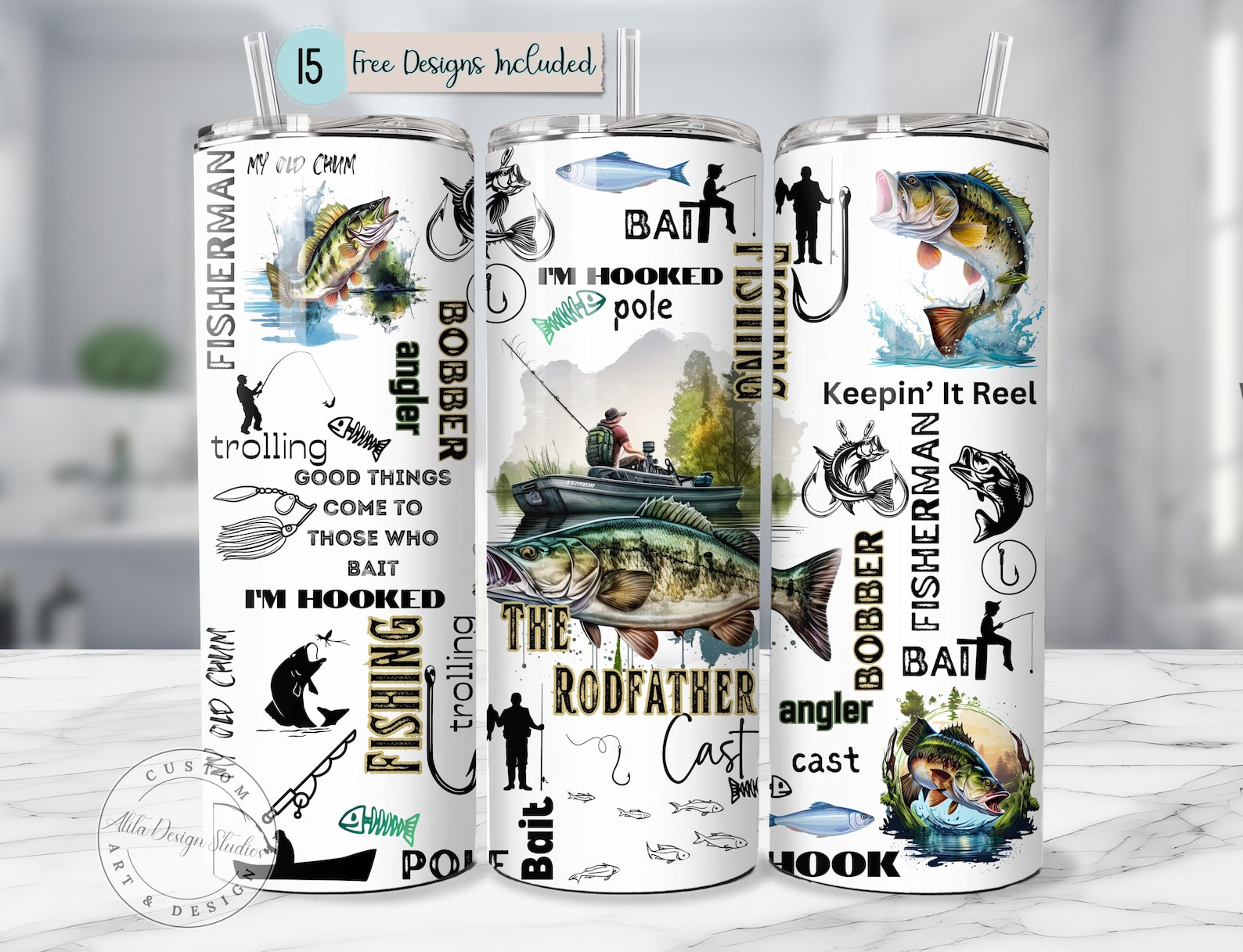 Fishing Tumbler Fisherman Bass Fish Hook the Rodfather 20oz Skinny ...