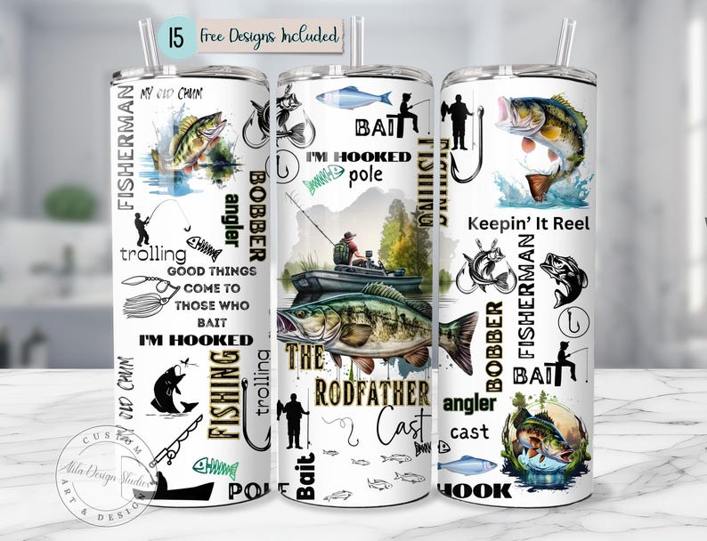 Fishing Tumbler Fisherman Bass Fish Hook the Rodfather 20oz Skinny ...