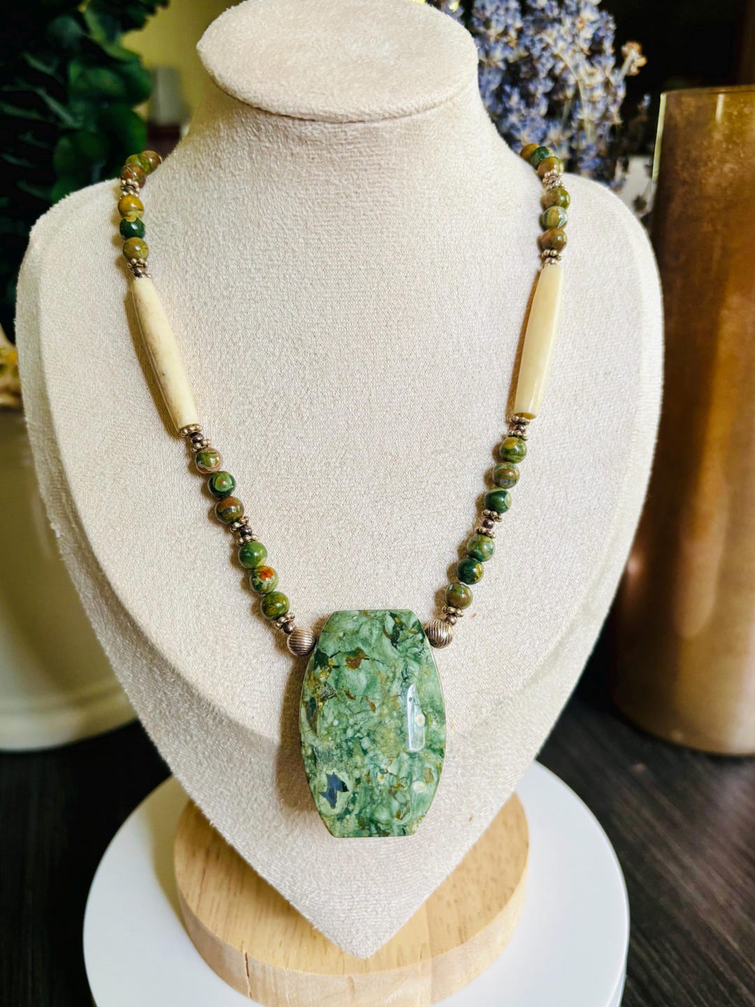 Vintage Rainforest Rhyolite Green Jasper Pendant Necklace With Gemstone ...
