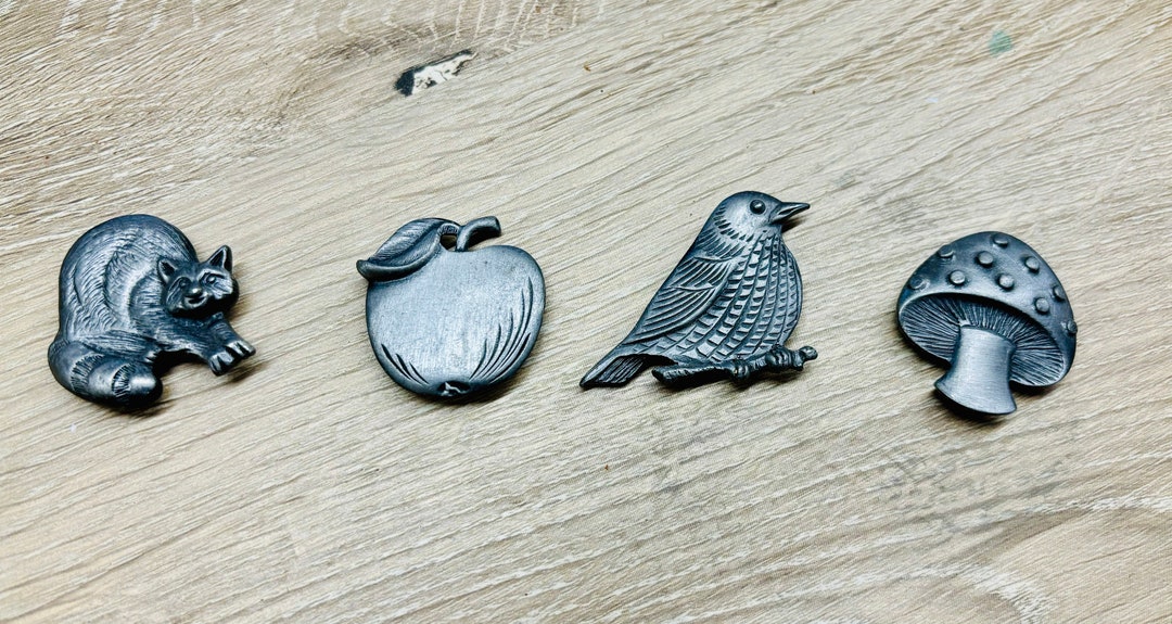 Vintage 1980s Pewter Magnets, Raccoon Magnet, Apple Magnet, Mushroom ...