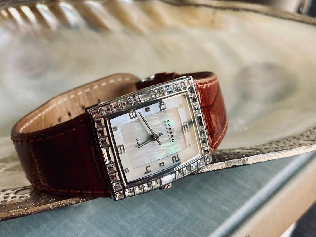 Vintage 90s Skagen Watch: Leather Band, Swarovski Crystal & Mother of Pearl - Etsy