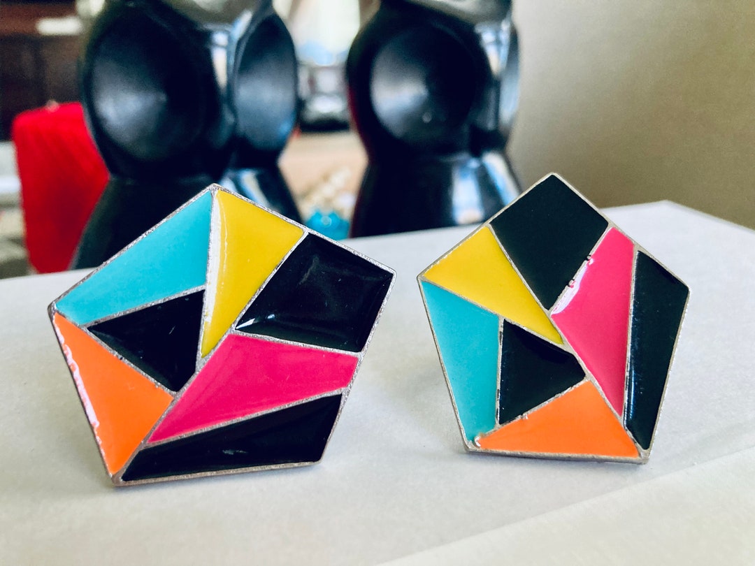 Geometric Polygon 80s Retro Multicolor Enamel Earrings, Statement ...