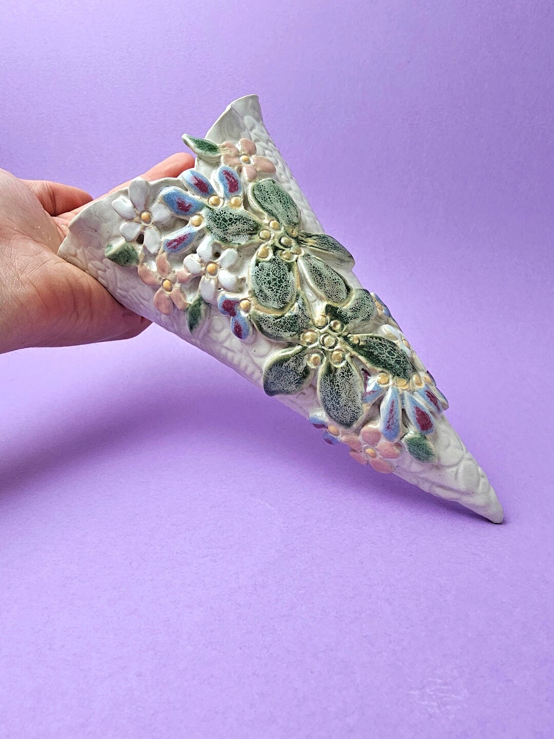 Cornet Shaped Wall Pocket With Floral Motif. Beige Wall Art With Floral ...