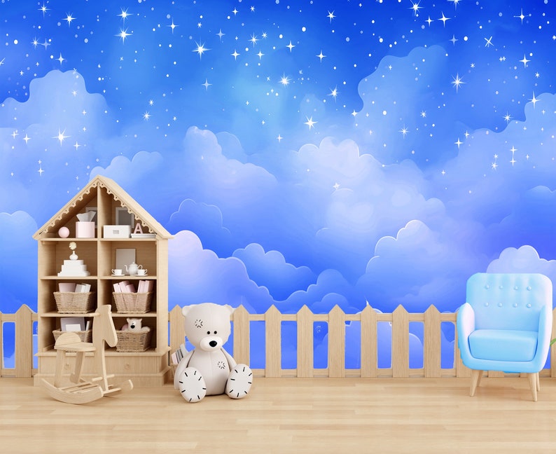 Blue Clouds Kids Wallpaper Peel and Stick,navy Sky Mural for Kids Room ...