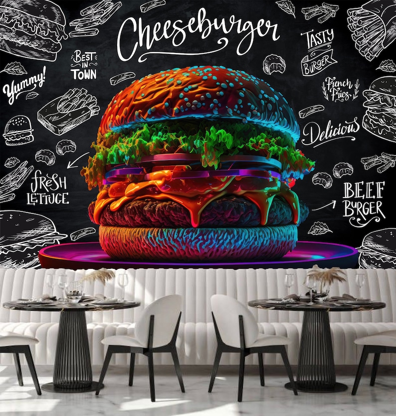 Neon Hamburger Restaurant Peel and Stick Wallpaper,black Fast Food ...