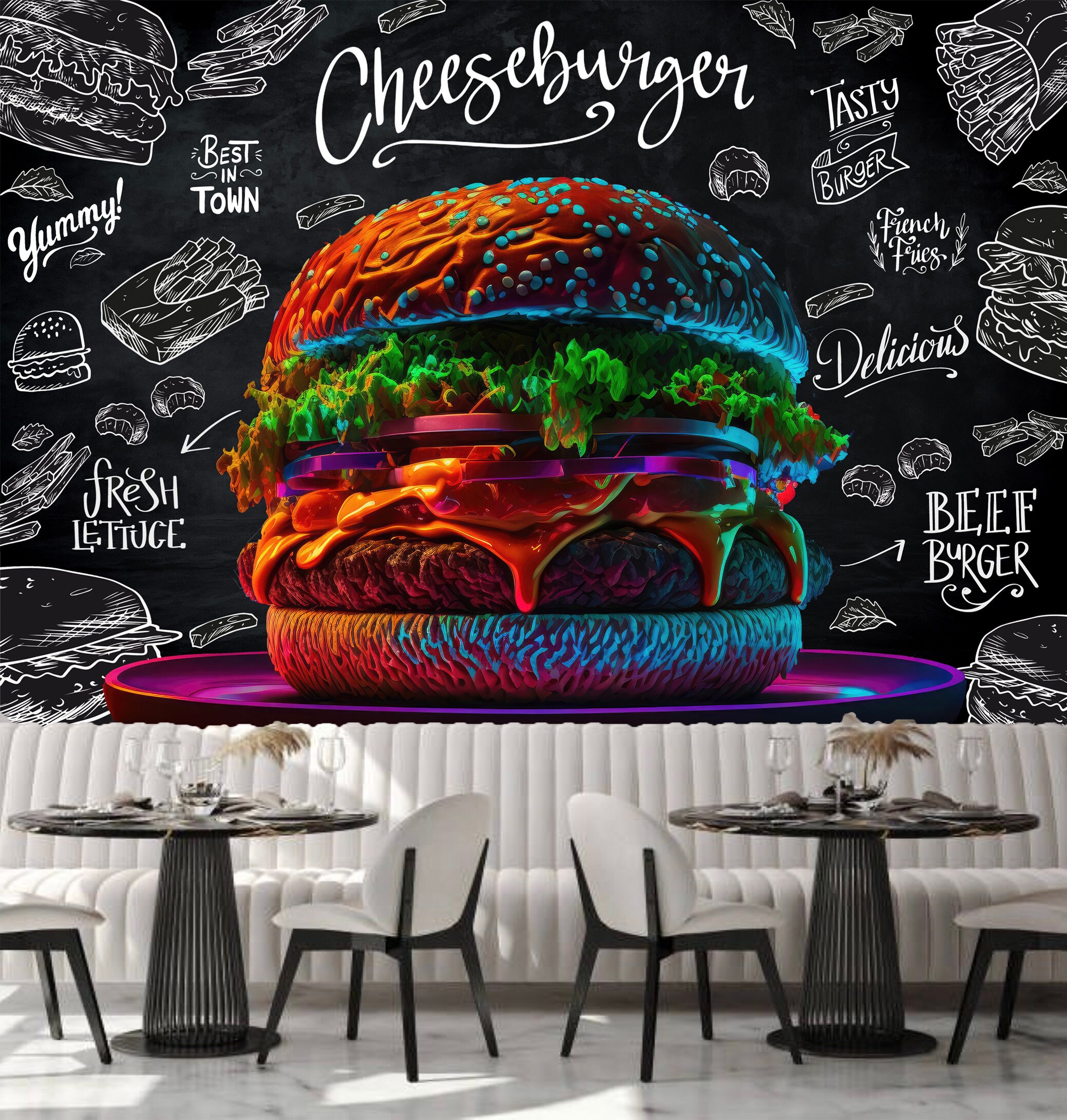 Neon Hamburger Restaurant Peel and Stick Wallpaper,black Fast Food ...