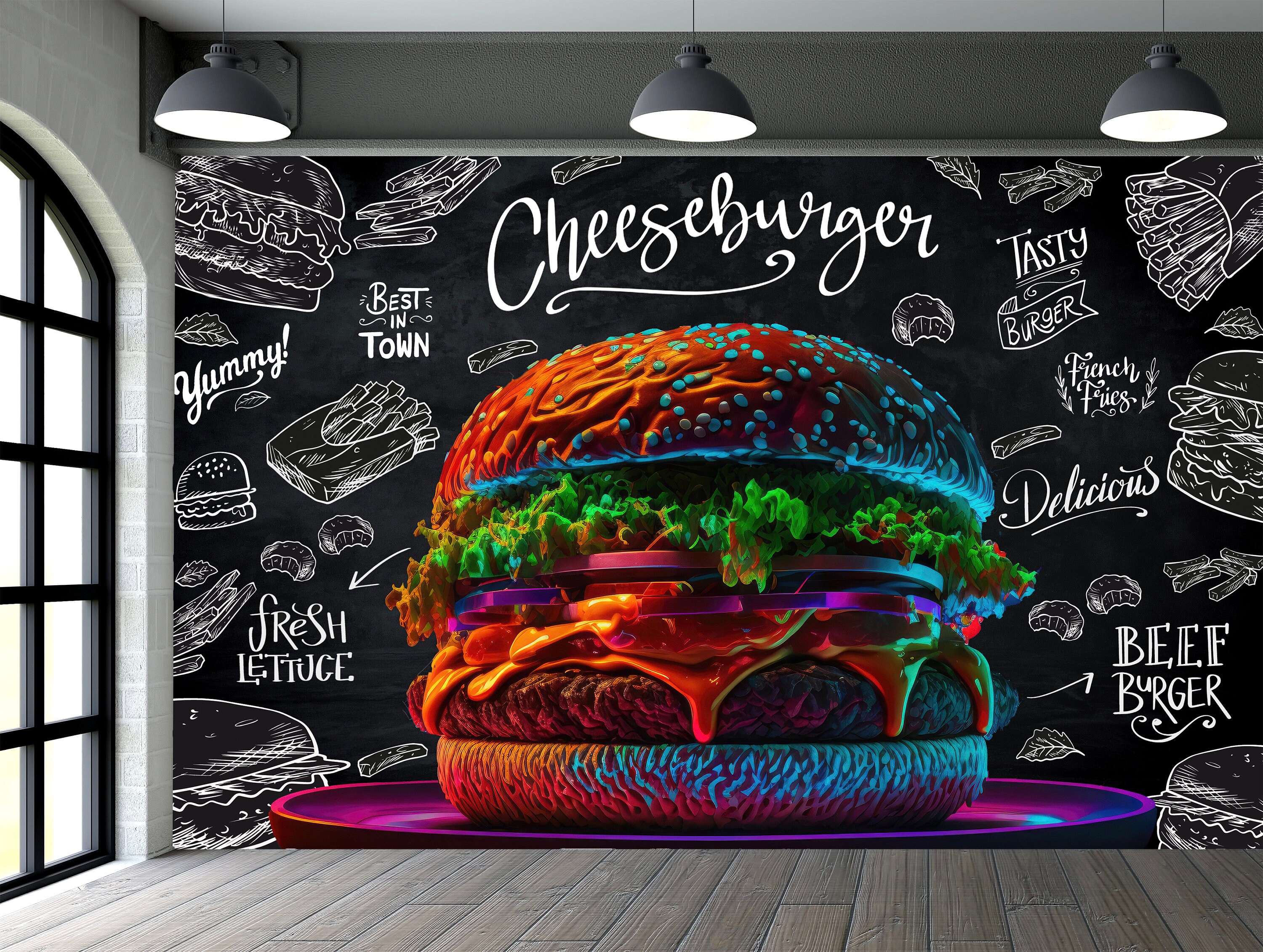 Neon Hamburger Restaurant Peel and Stick Wallpaper,black Fast Food ...