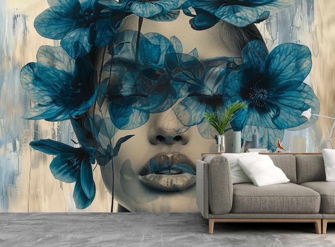 Woman Face With Blue Flowers Wallpaper,abstract Female Portrait Mural ...