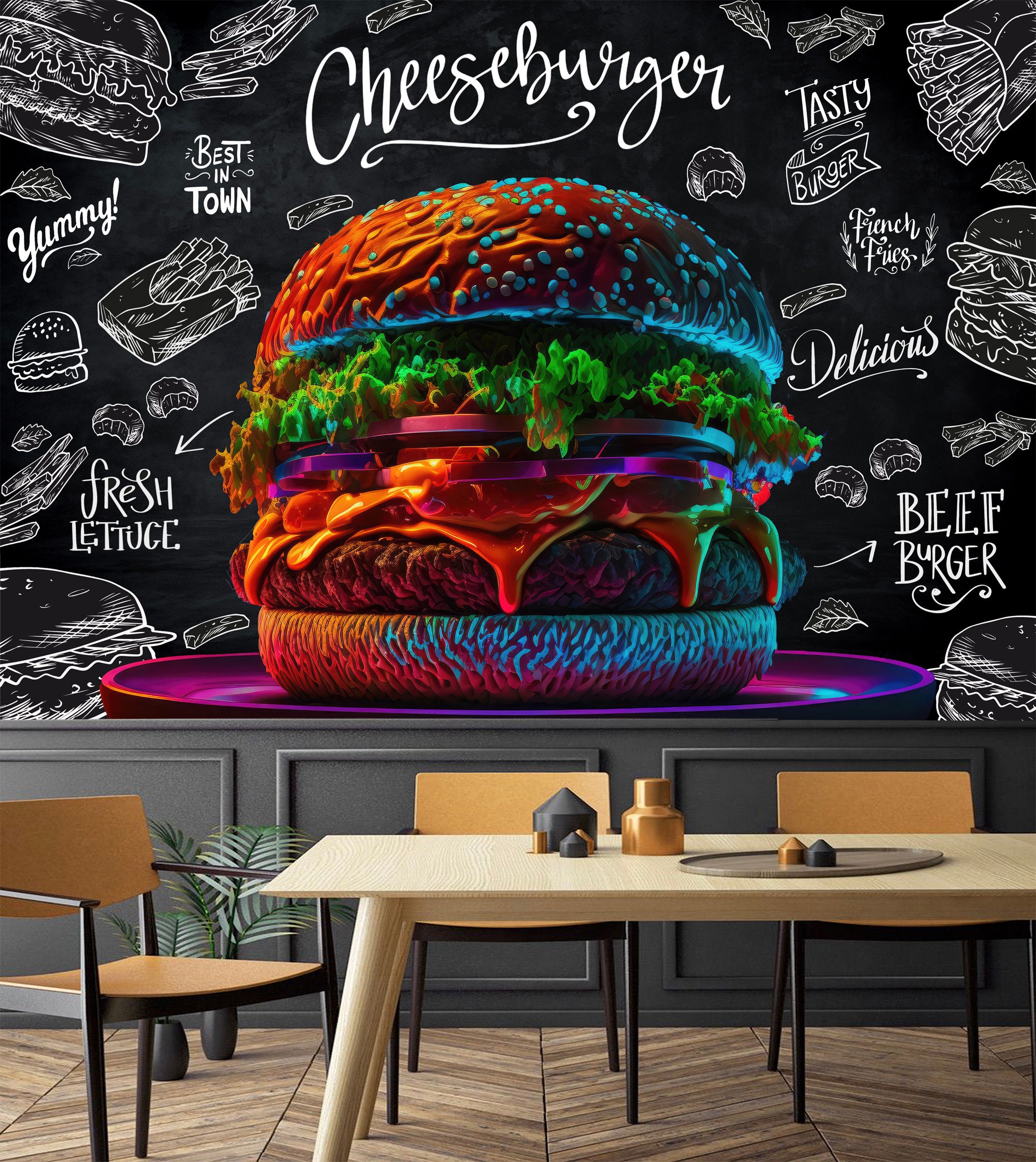 Neon Hamburger Restaurant Peel and Stick Wallpaper,black Fast Food ...