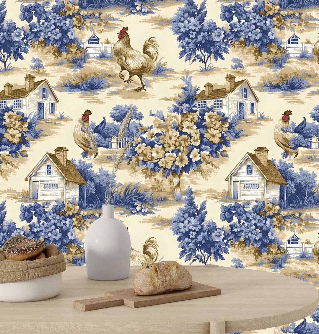 French Toile Wallpaper,blue Toile De Jouy Mural With Farmhouses Peel ...